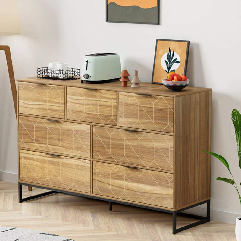 Contemporary Walnut Wood 7 Drawer Storage Dresser Cabinet